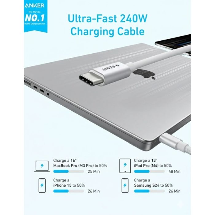 Câble De Charge Anker Zolo 240W USB-C Vers USB-C Couleur Blanc