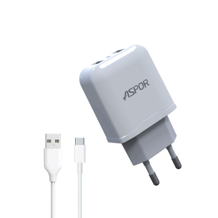 Chargeur ASPOR A829 Double USB 12W | Pack avec Câble Type-C Blanc