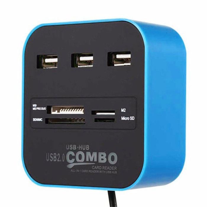 Hub USB COMBO 3 Ports + Lecteur de cartes - Noir Bleu