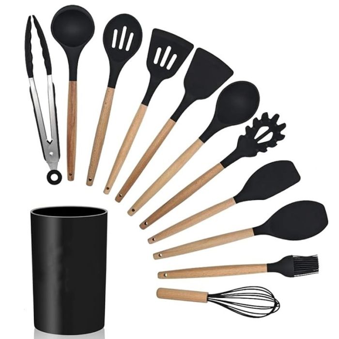 Lot De 12 Ustensiles De Service En Silicone - Noir